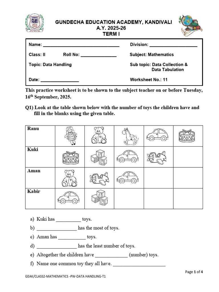 Class 2 Data Handling Worksheet | PDF