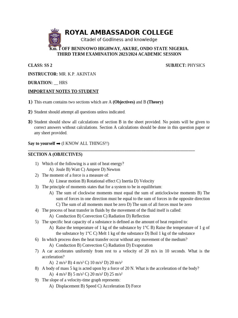 Royal Ss2 Physics Questions Royal | PDF | Waves | Force