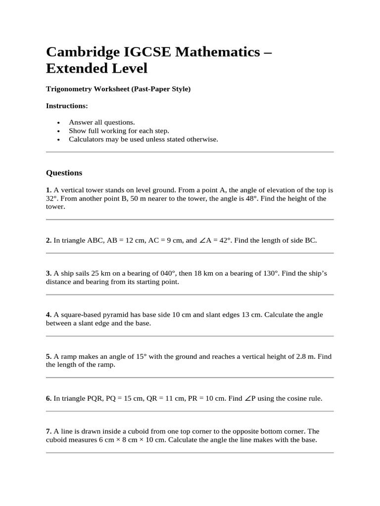 Cambridge IGCSE Mathematics Trignometry Worksheet | PDF | Trigonometry ...