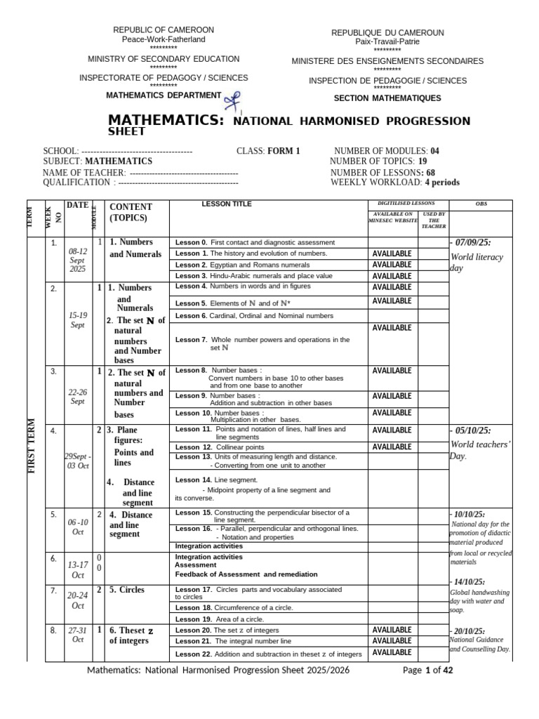 Cameroon Math Progression Sheet 2025-2026 | PDF | Area | Equations