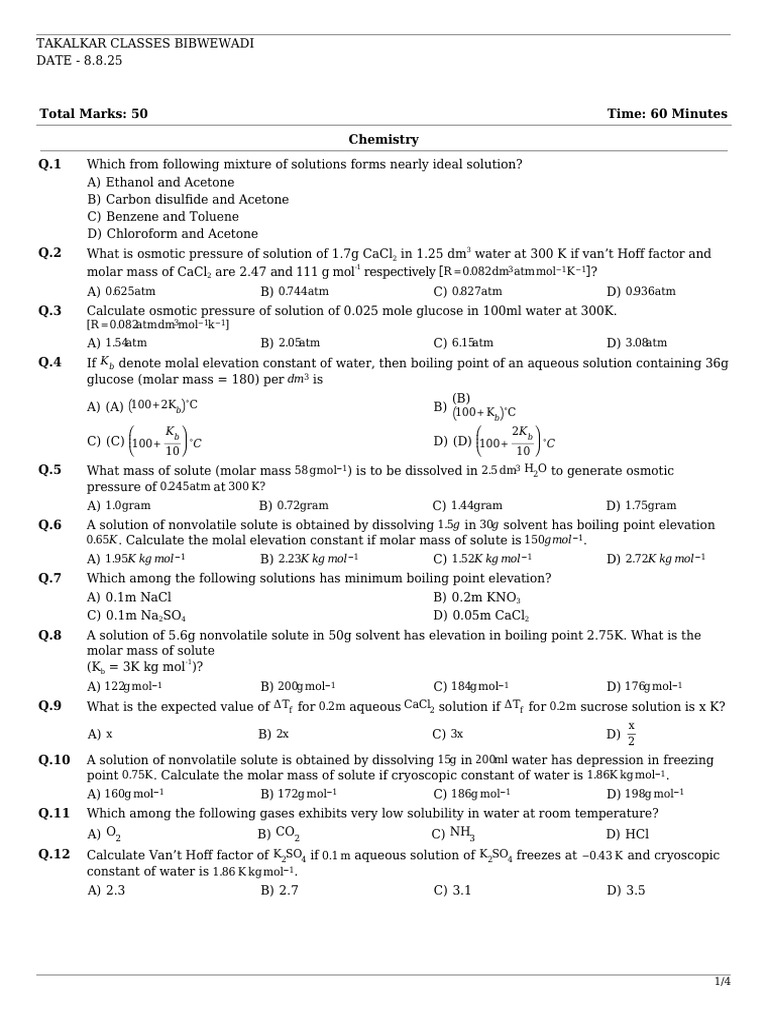 Chemistry Exam Questions on Solutions | PDF | Solubility | Water