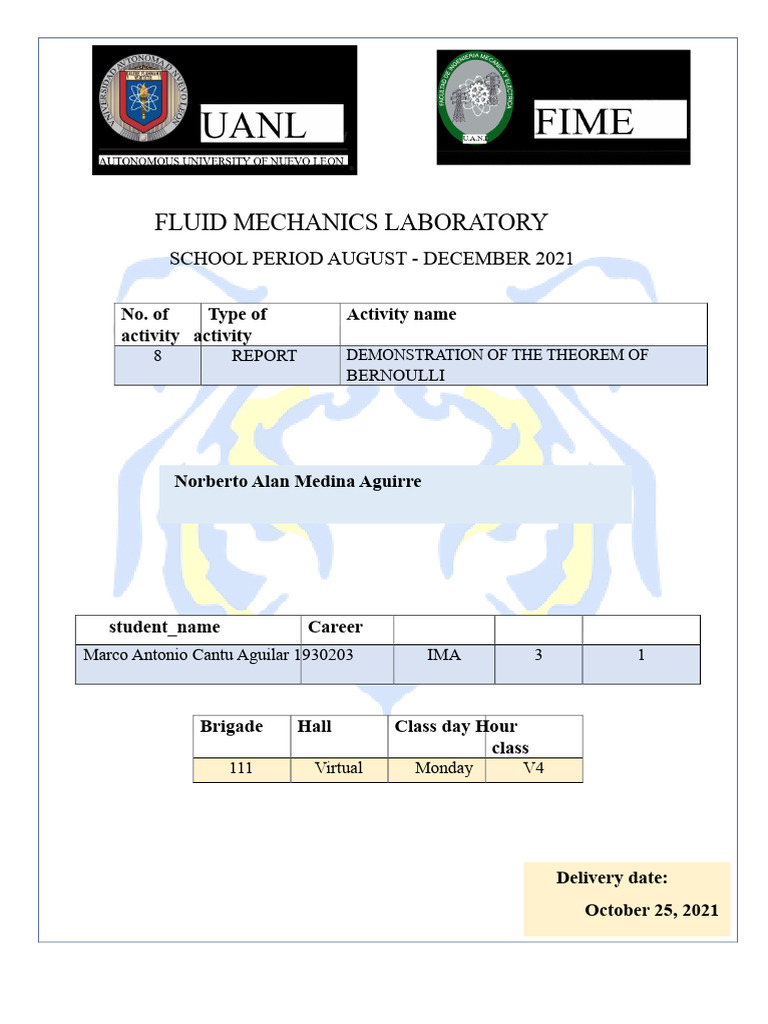Practice 8 - Demonstration of Bernoulli's Theorem - 1930203 | PDF | Fluid Dynamics | Flow ...