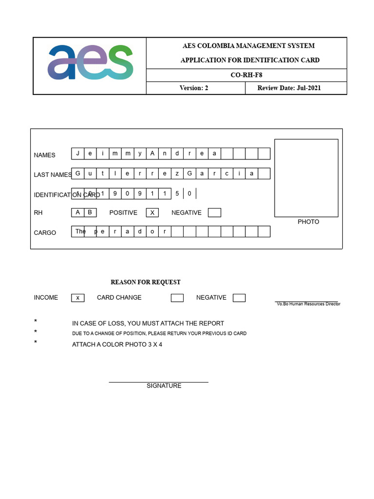 AES Colombia ID Card Application Form | PDF | Identity Document ...