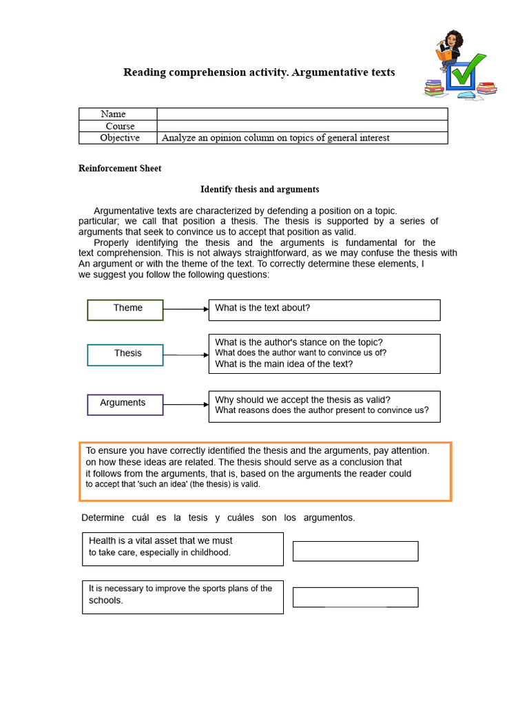Reading comprehension activity. Argumentative text. First year of high ...
