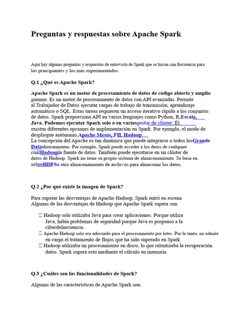 Preguntas y Respuestas de Entrevista Sobre Apache Spark. | PDF | Apache Hadoop | Apache Spark