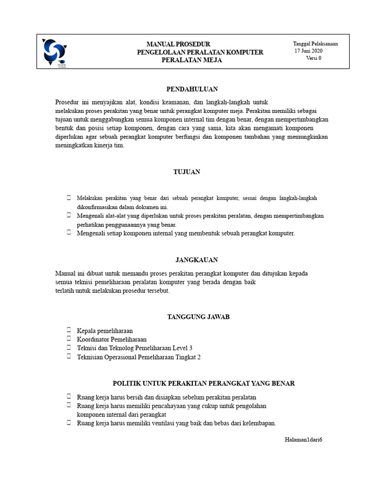 Manual Prosedur Perakitan Peralatan Komputer | PDF