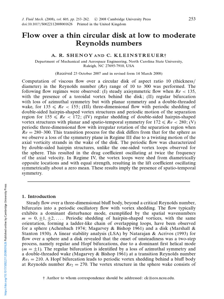 Flow Over A Thin Circular Disk at Low To Moderate Reynolds Numbers ...