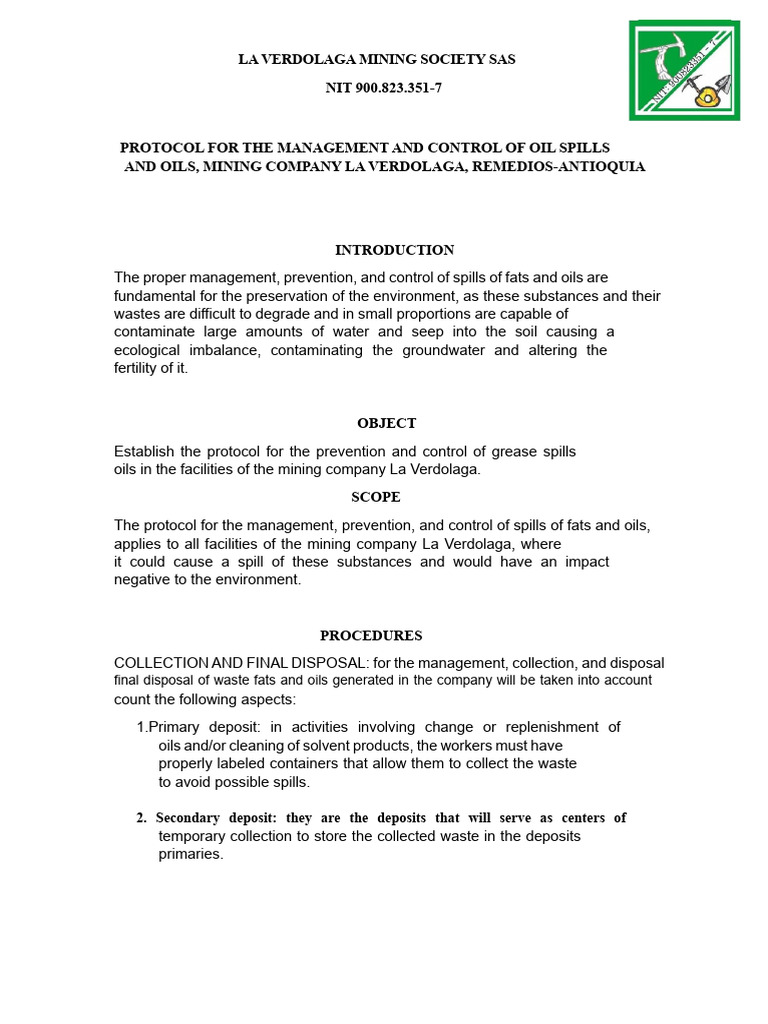 Protocol For The Management and Control of Oil and Grease Spills | PDF ...