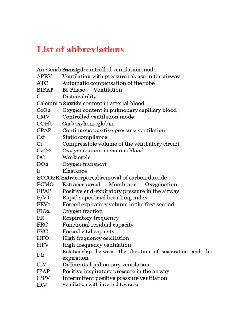 Abbreviations of the Mechanical Ventilator | PDF | Exhalation ...