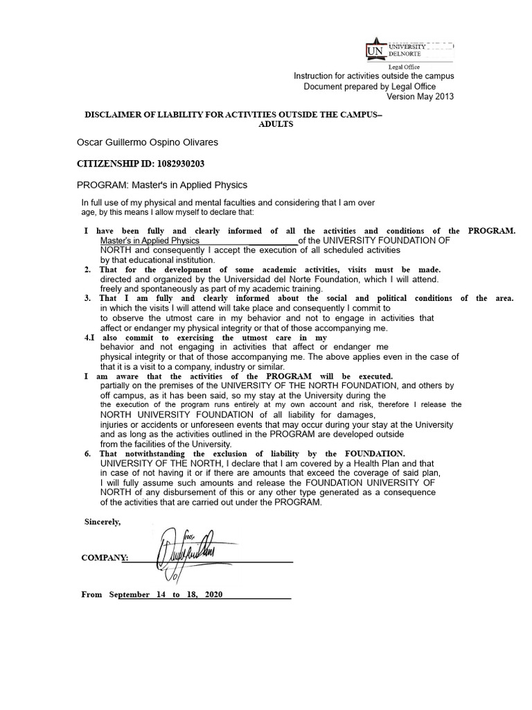 Disclaimer Letter For Activities Off-Campus PDF | PDF | Disclaimer