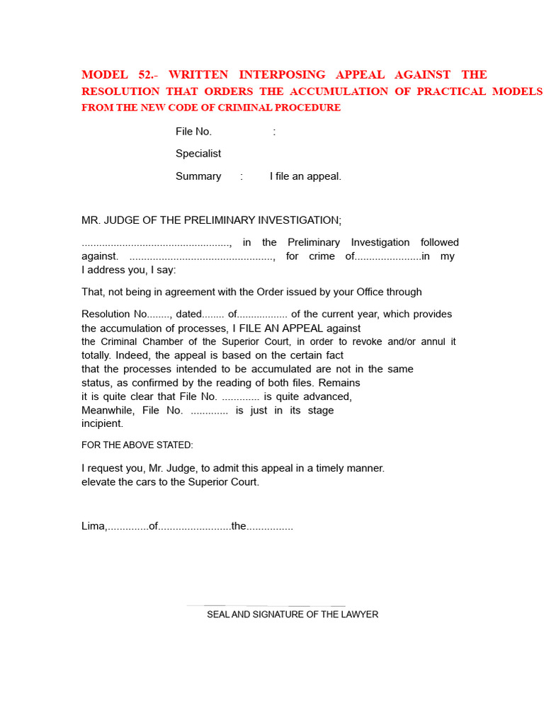 Model 52. - Written Interposing Appeal Against The Resolution Ordering ...