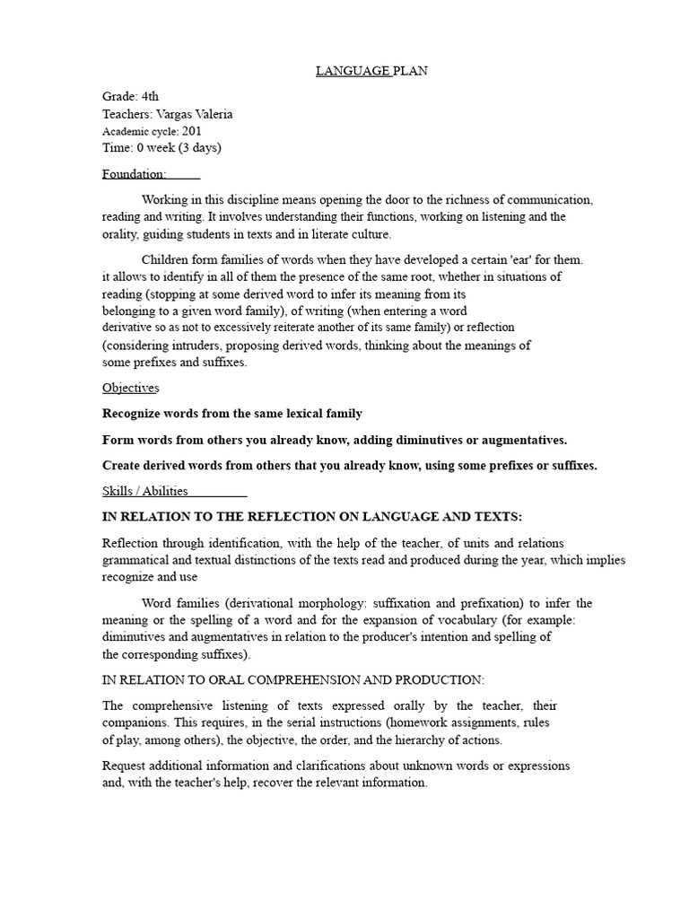 4th Grade Language Plan Overview | PDF | Word | Semantics