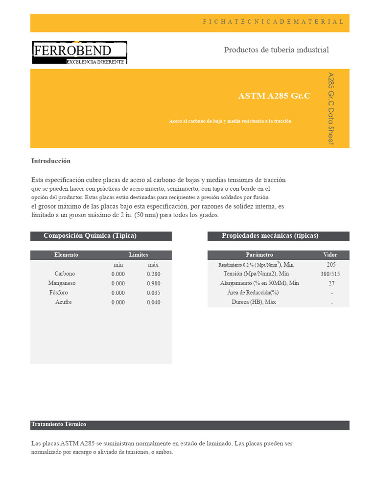 Ficha Técnica Acero ASTM A285 Gr.C | PDF | Acero | Tratamiento a base ...