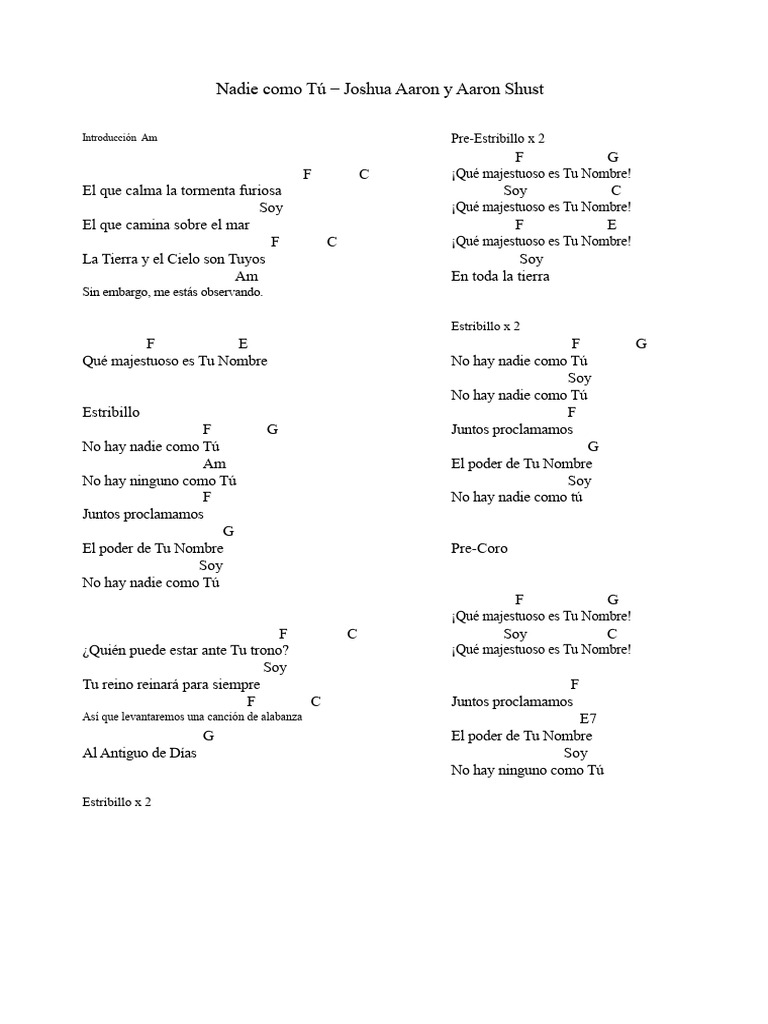 Letra de "Nadie como Tú" - Joshua Aaron | PDF