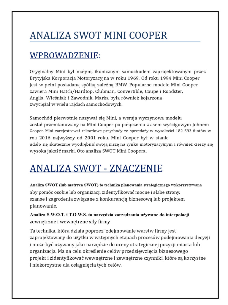 Analiza Swot Mini Cooper | PDF