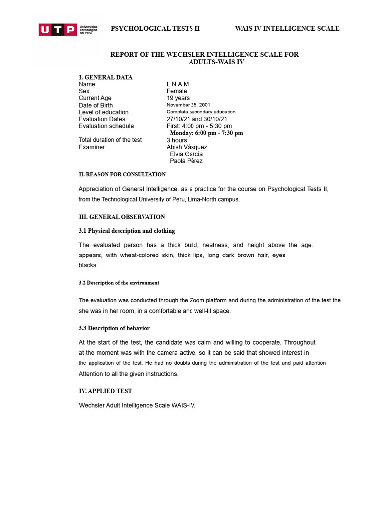 WAIS-IV REPORT (1) | PDF | Wechsler Adult Intelligence Scale | Mental ...