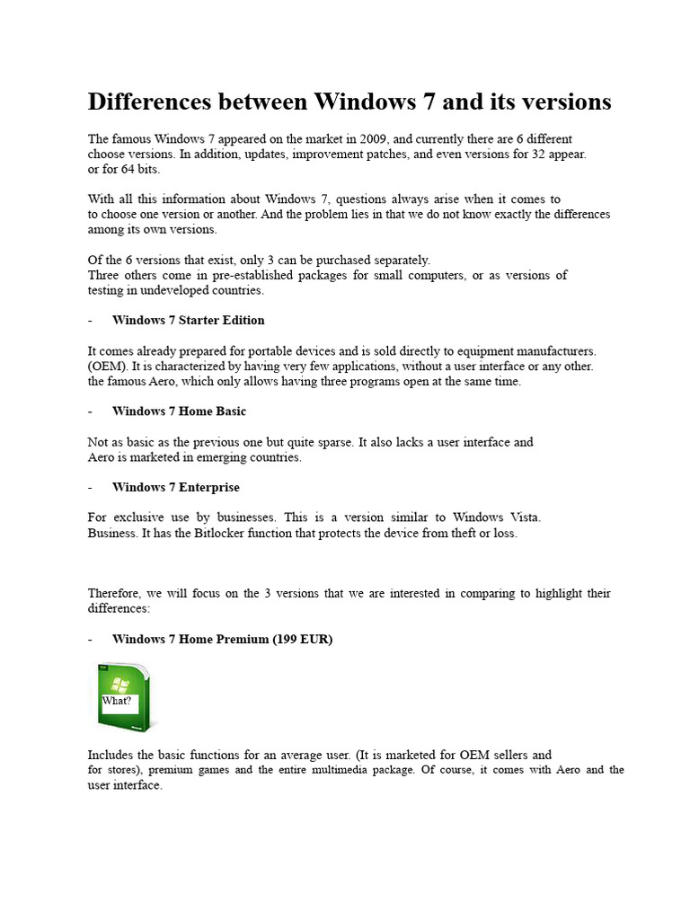 Differences Between Windows 7 and Its Versions | PDF | Windows 7 ...