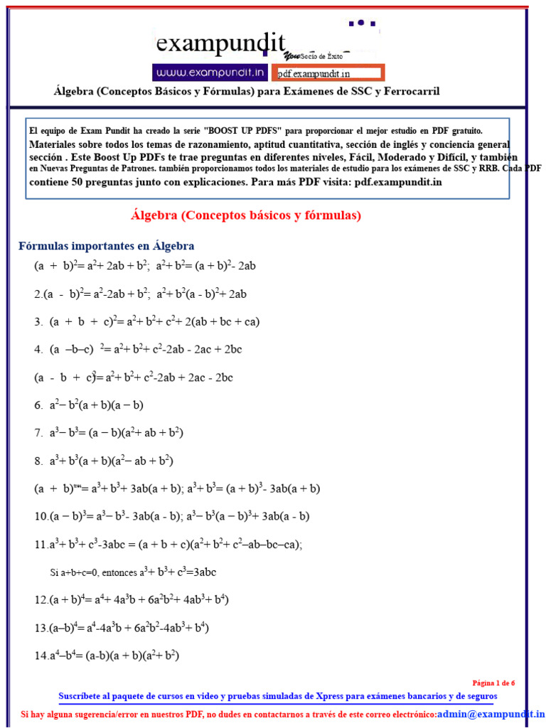 Álgebra: Fórmulas y Conceptos Clave | PDF | Polinomio | Matemáticas De ...