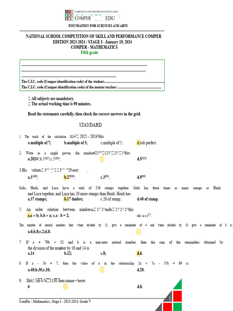 Comper 2024: Grade V Mathematics Test | PDF | Discrete Mathematics ...