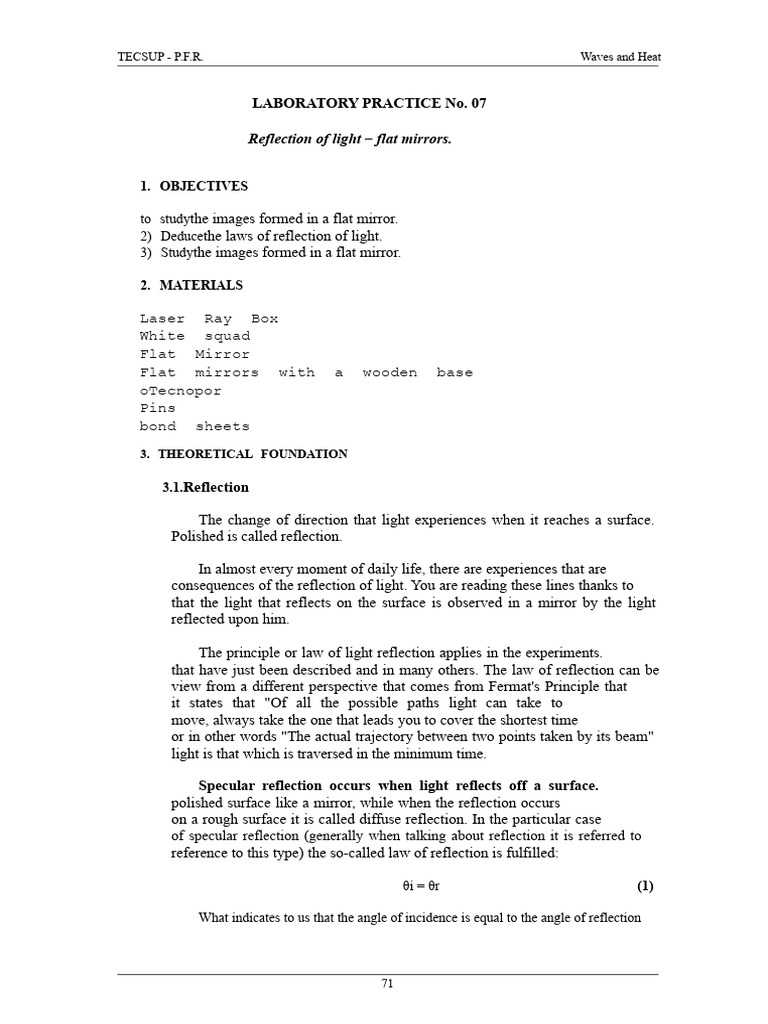 10 Laboratory 7 Reflection of Light - Flat Mirrors | PDF | Mirror ...