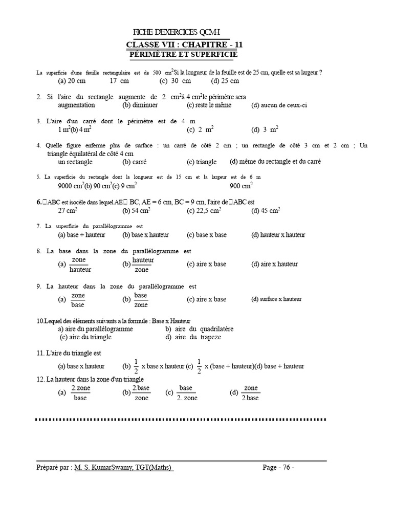 Périmètre Et Aire Classe 7 | PDF | Zone | Géométrie euclidienne