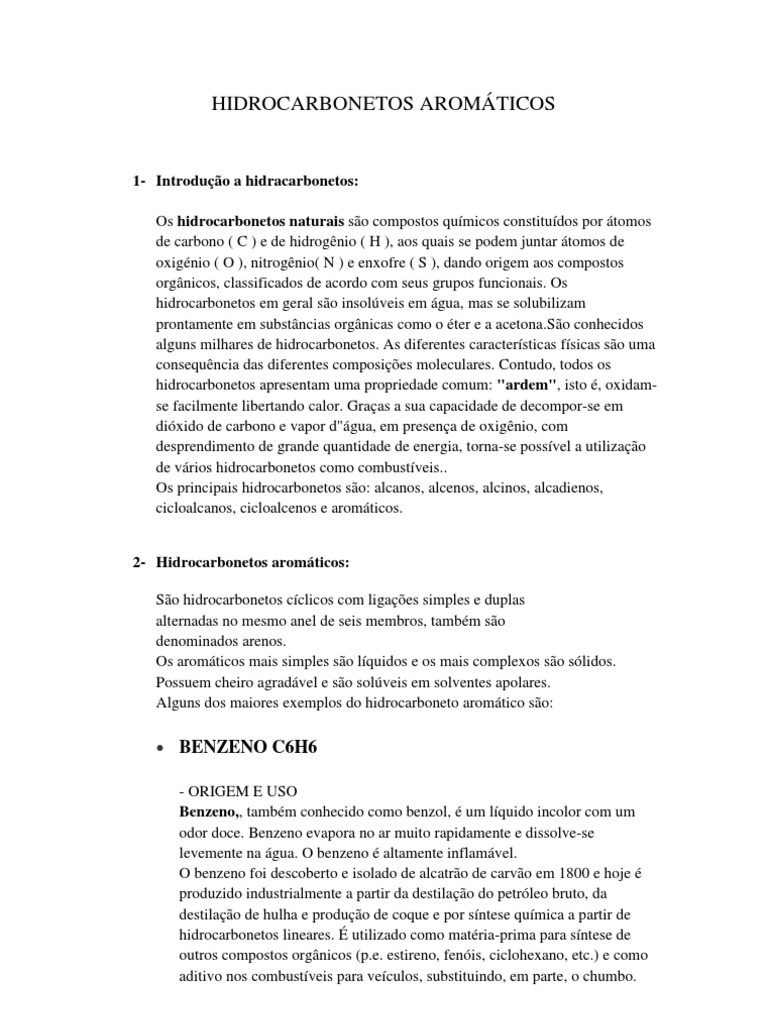 Hidrocarbonetos Aromáticos | PDF | Benzeno | Hidrocarbonetos