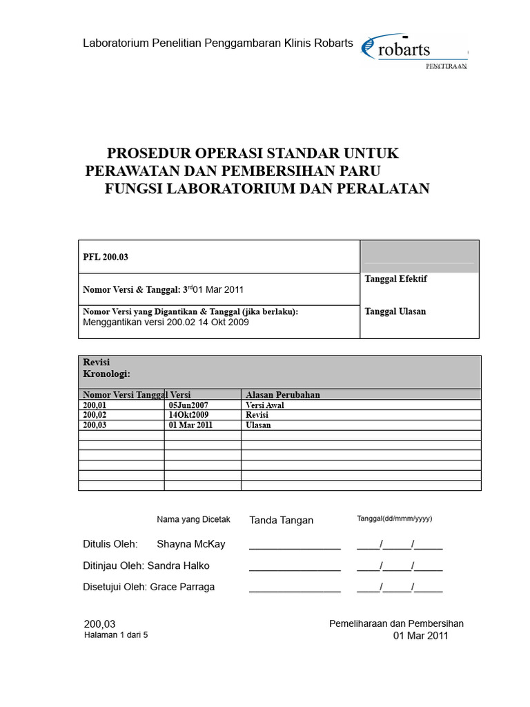 Prosedur Operasi Standar Untuk Perawatan Dan Pembersihan Paru Fungsi ...