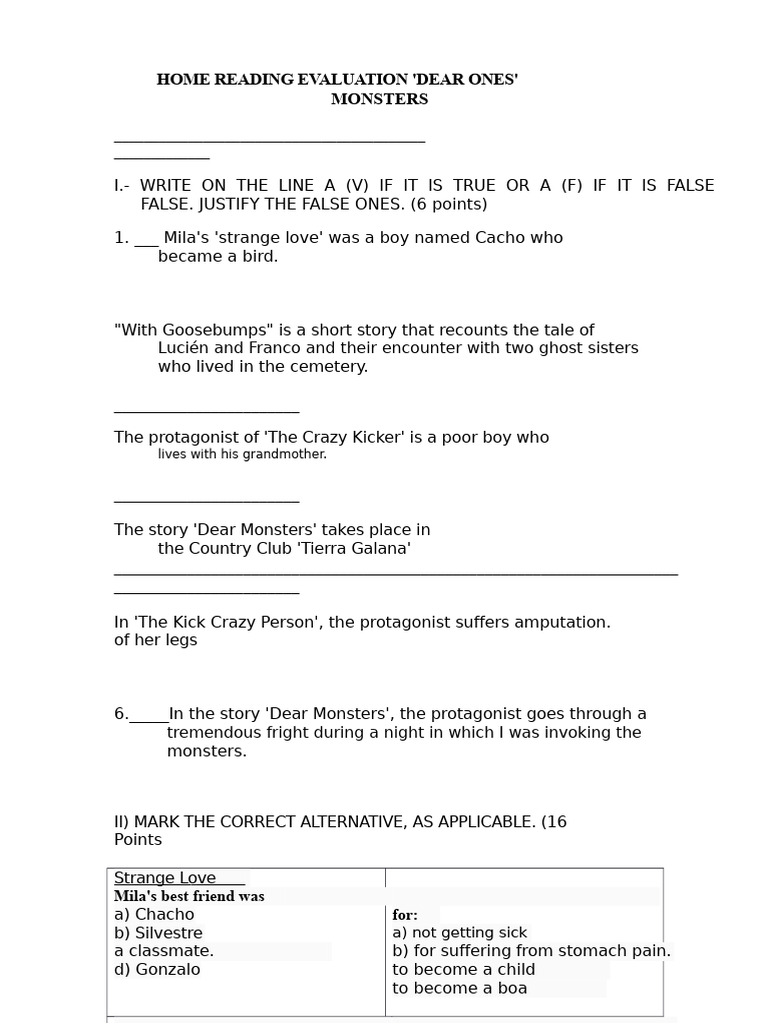 Home Reading Evaluation: Monsters | PDF