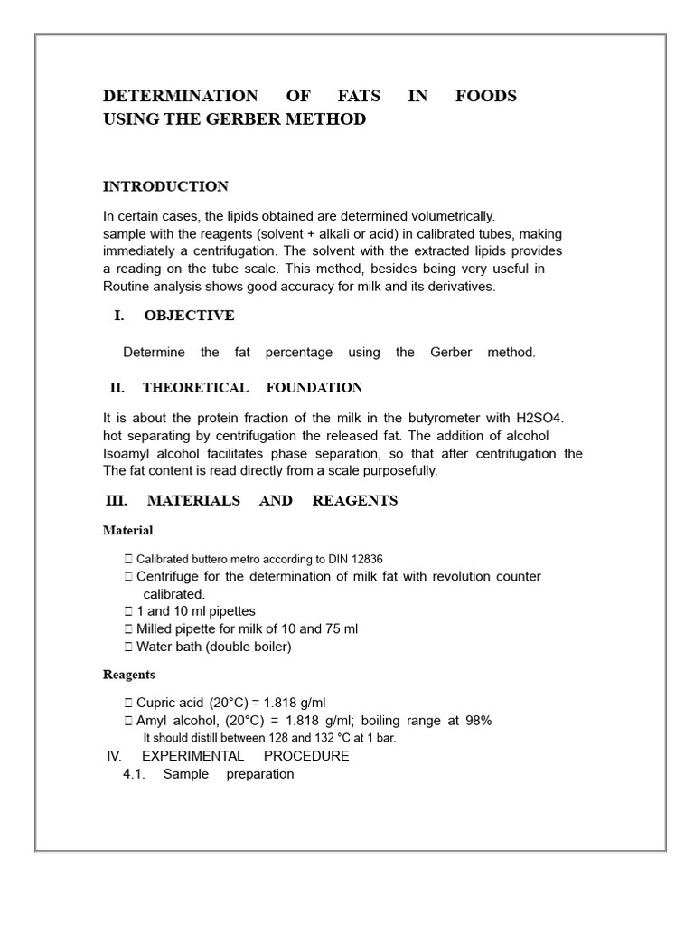Gerber Method for Fat Determination | PDF | Milk | Chemistry