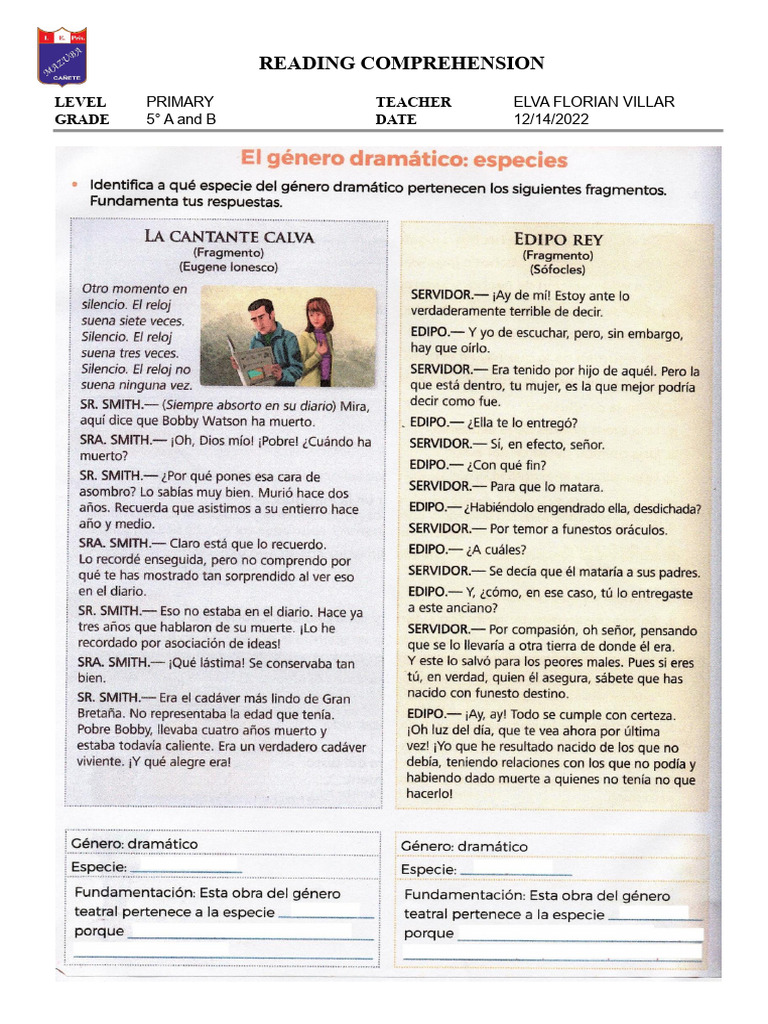 READING COMPREHENSION - 5th Dramatic Genre | PDF