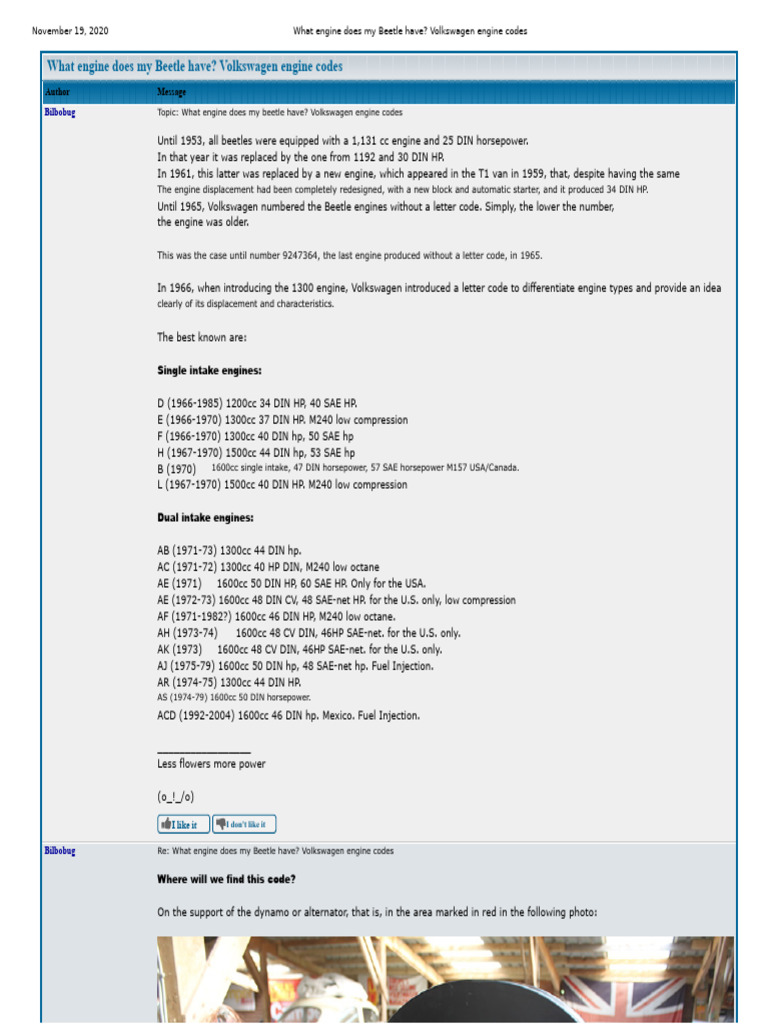 Volkswagen Beetle Engine Codes Guide | PDF | Horsepower | Vehicle ...