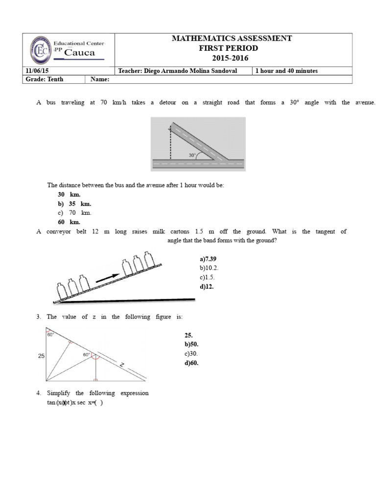 Tenth Grade Math Assessment 2015-2016 | PDF | Mathematical Analysis ...