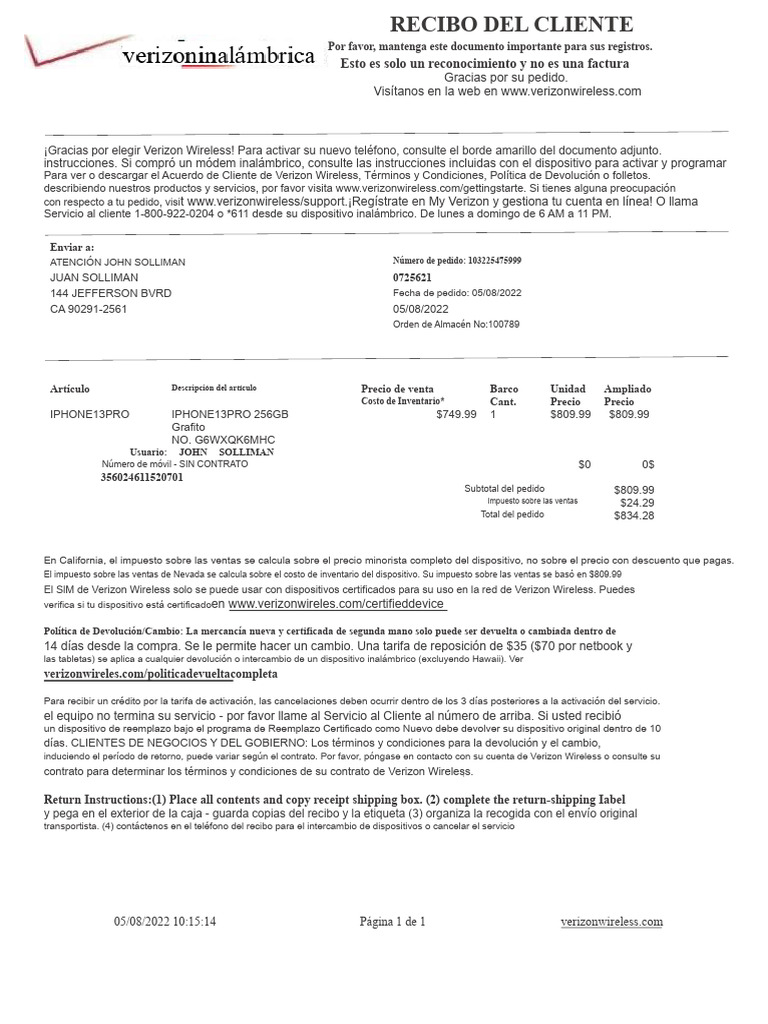 Recibo de Pedido de Verizon Wireless | PDF | Industrias de servicio