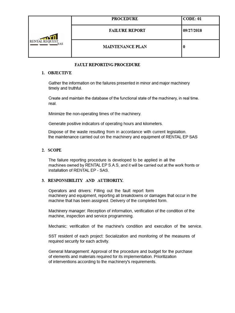 Machinery Failure Reporting Procedure | PDF | Machines