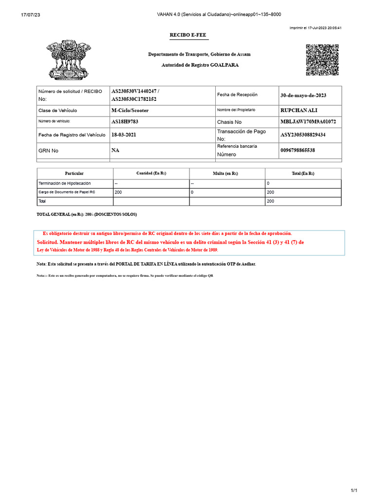 VAHAN 4.0 (Servicios Al Ciudadano) AplicaciónEnLínea01 135 8000 | PDF