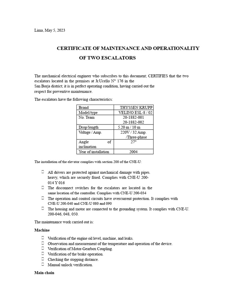 Escalator Maintenance Certificate 2023 | PDF | Escalator | Electrical ...