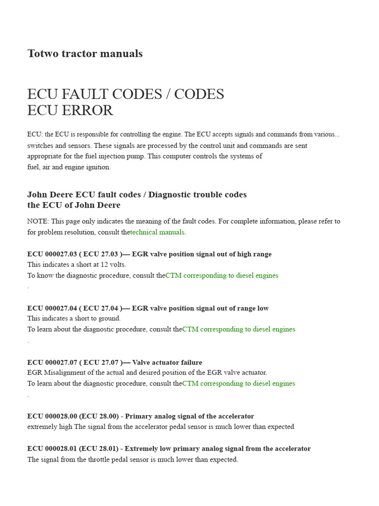 John Deere ECU Fault Codes Guide | PDF | Fuel Injection | Throttle