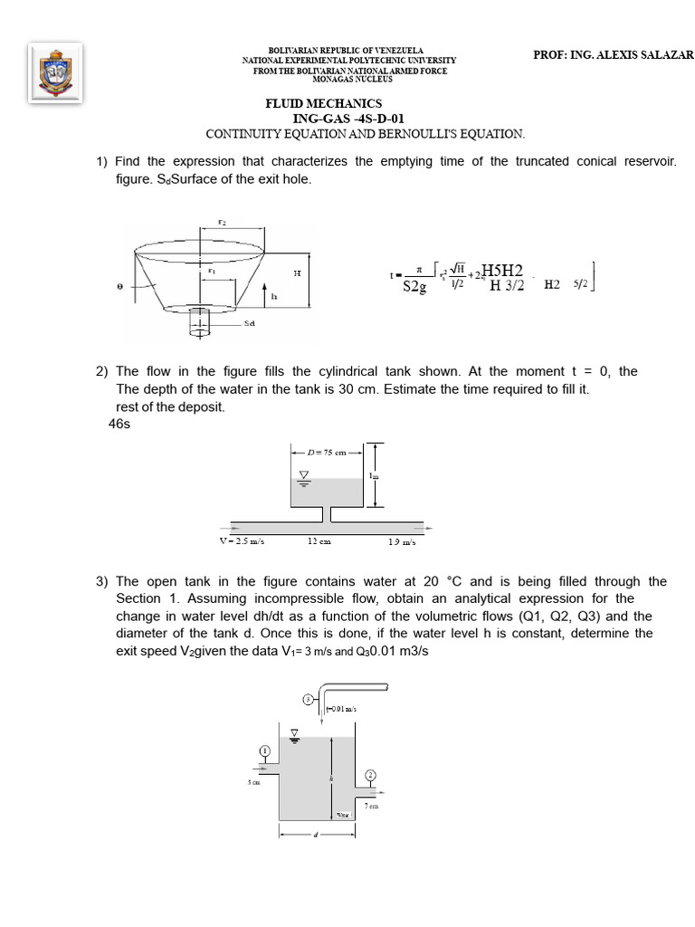 Fluid Mechanics: Continuity & Bernoulli Equations | PDF | Fluid ...