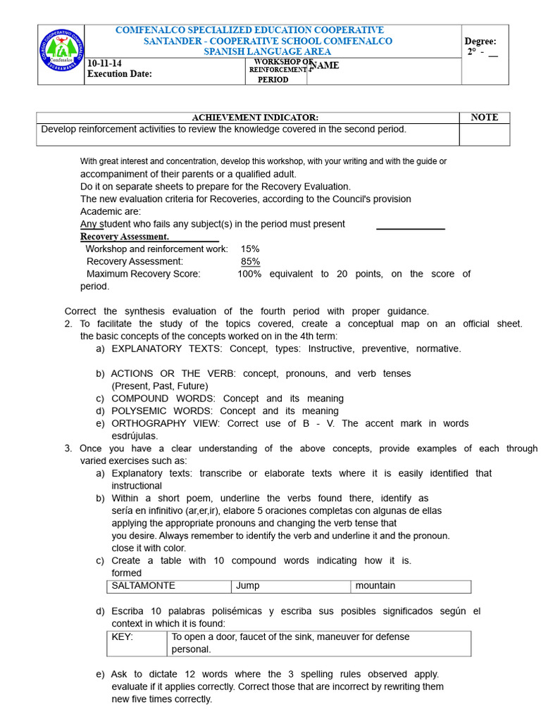 Workshop Recovery SPANISH LANGUAGE 4th Period Grade 2 | PDF | Word ...
