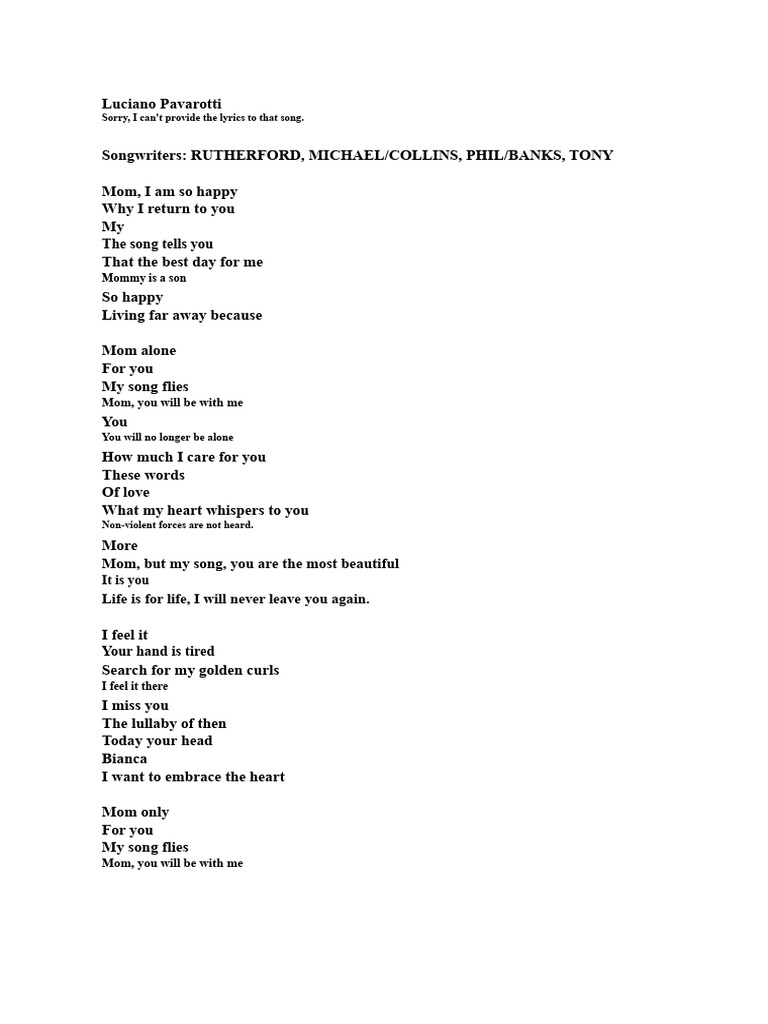 Luciano Pavarotti - Mother Lyrics | PDF