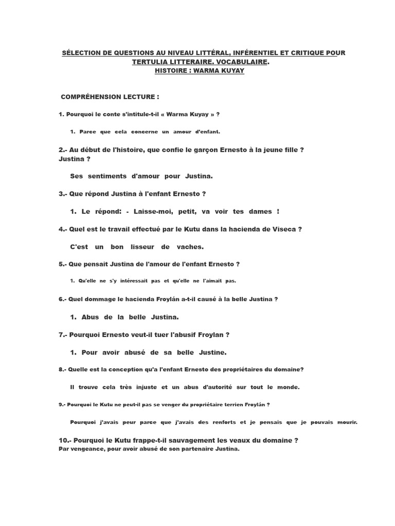 Questions sur "Warma Kuyay" et vocabulaire | PDF