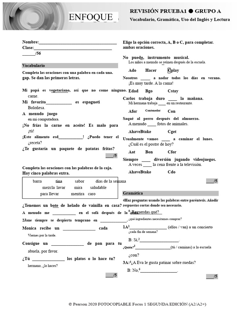 Enfoque1 2E Revisión Prueba 1 Unidades1 2 Vocabulario Gramática UoE ...