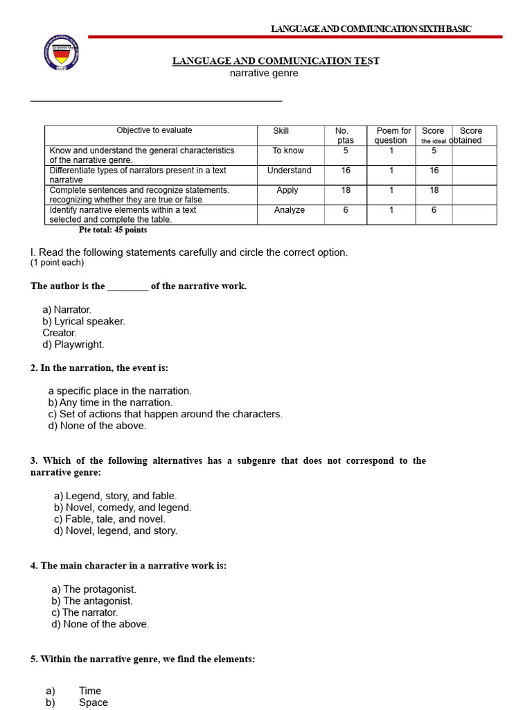 Narrative Genre Assessment Test | PDF | Narrative | Genre