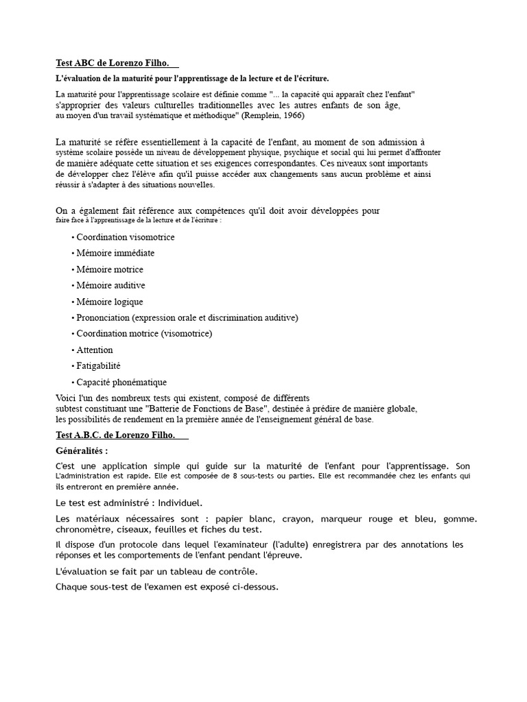 Test ABC : Évaluation de la Maturité Enfant | PDF | Apprentissage | Crayon