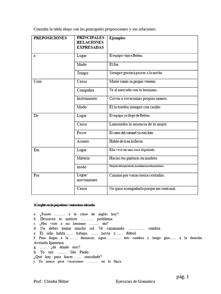 Ejercicios de Preposiciones en Español | PDF | Rio de Janeiro