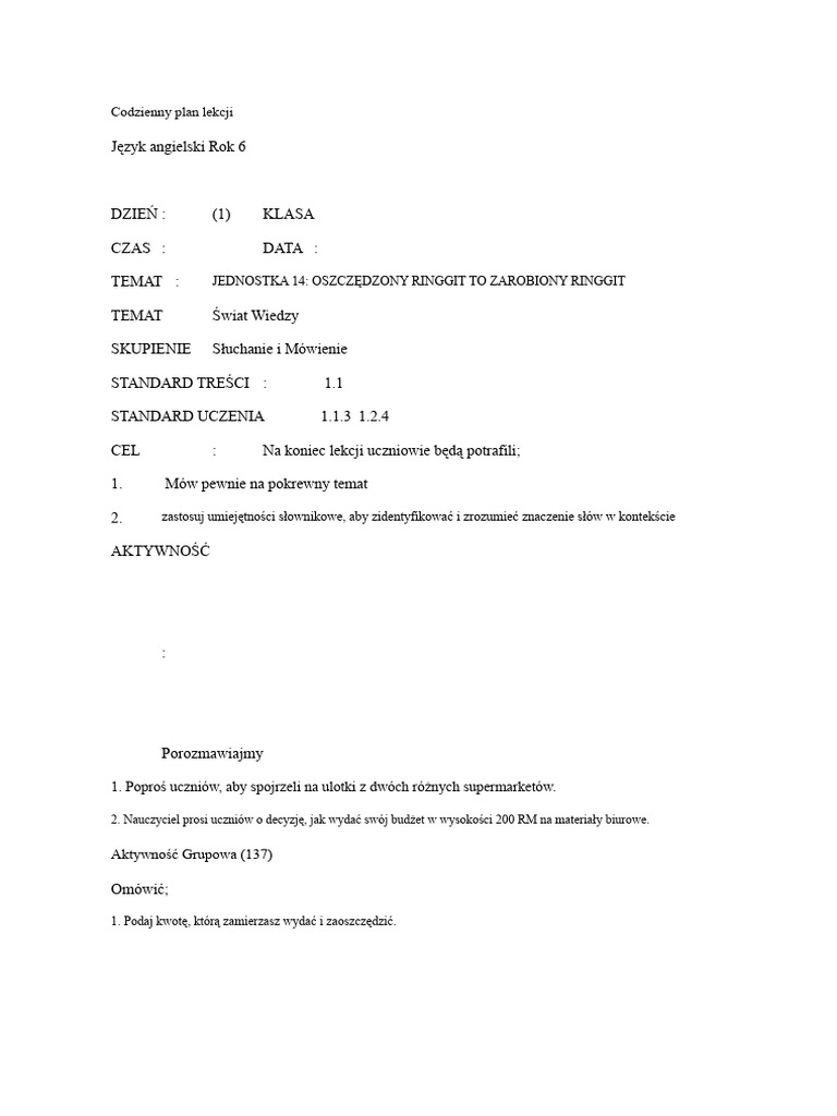 Codzienny plan lekcji 1 | PDF