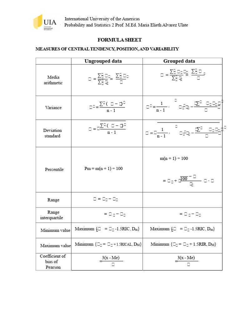 Formula Sheet Statistics Course 2 | PDF | Variance | Statistics