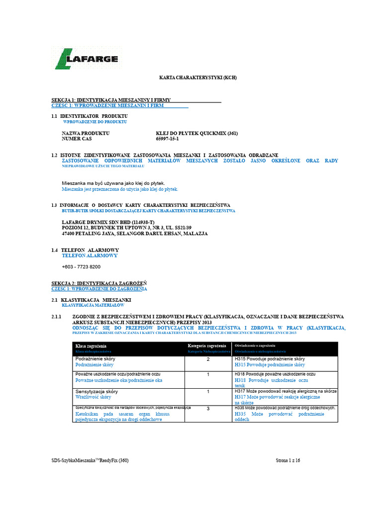 Lafarge QuickMix Klej Do Płytek 361 SDS | PDF