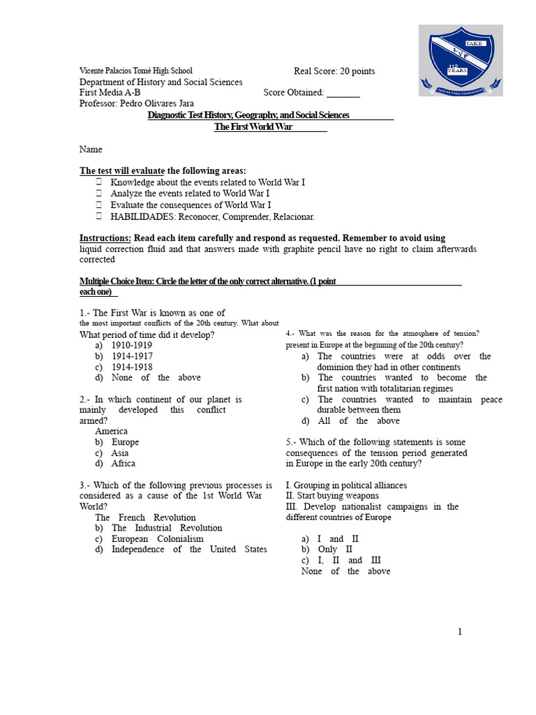 DIAGNOSIS World War 1 Test | PDF | Multiple Choice | World War I