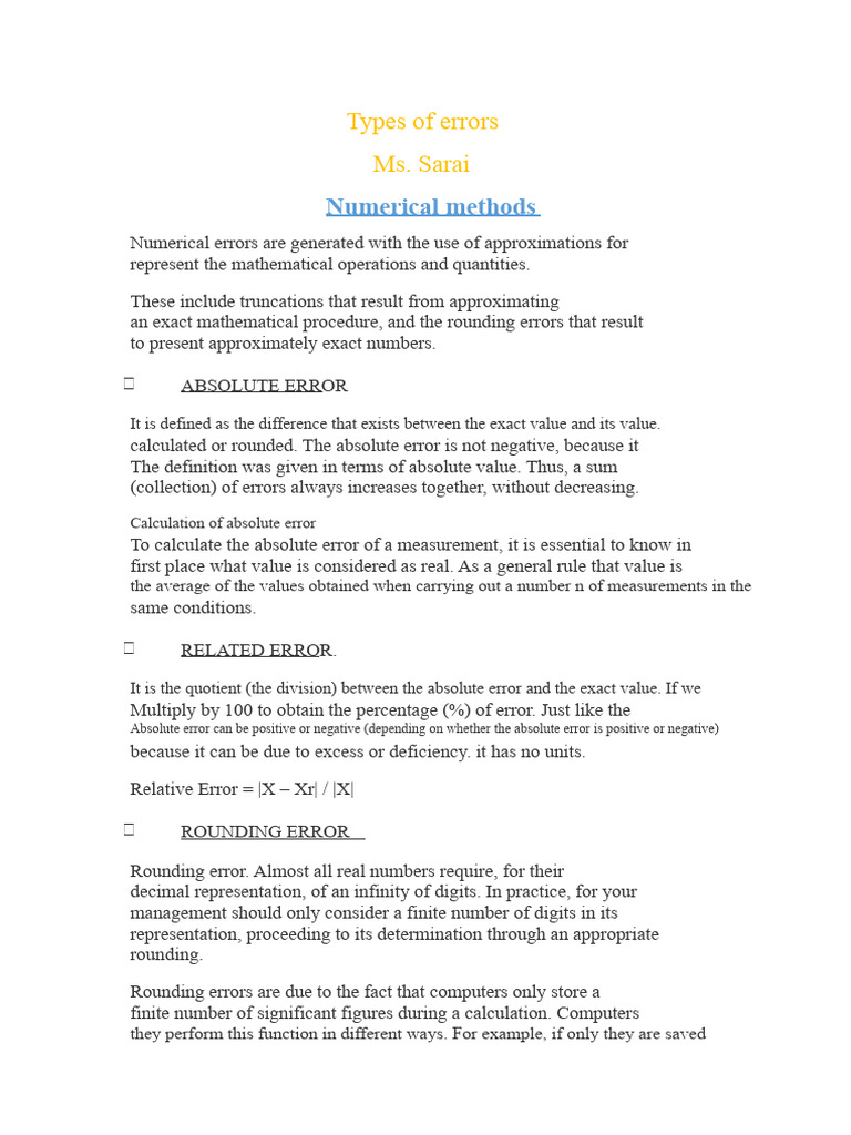 Types of Errors. Numerical Methods. | PDF | Rounding | Numbers